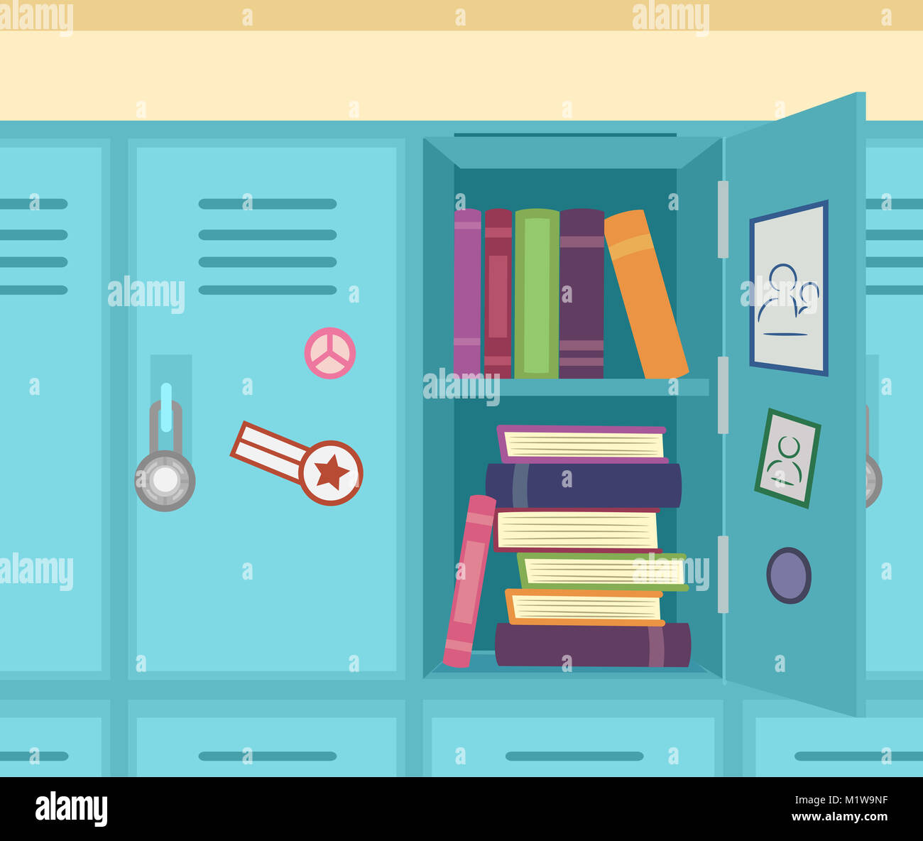 Colorful Illustration Featuring an Open School Locker Showing Stacks of ...