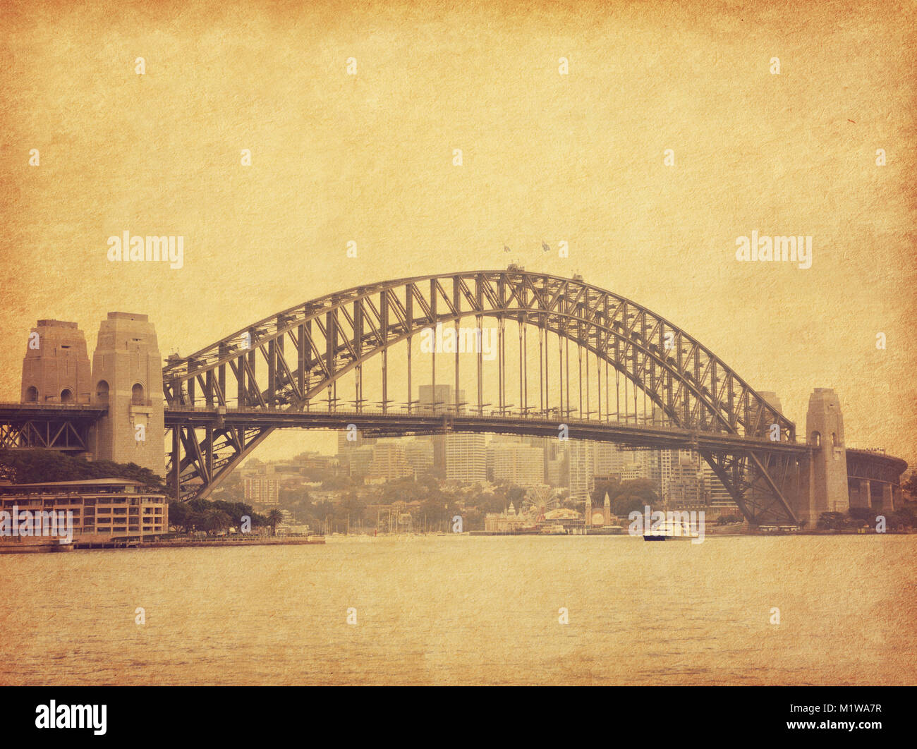 Sydney Harbour Bridge in retro style, Australia. Added paper texture ...