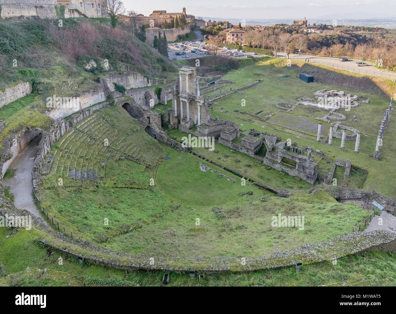 Aerial view of the ruins of the Roman Theater and Baths in Volterra ...