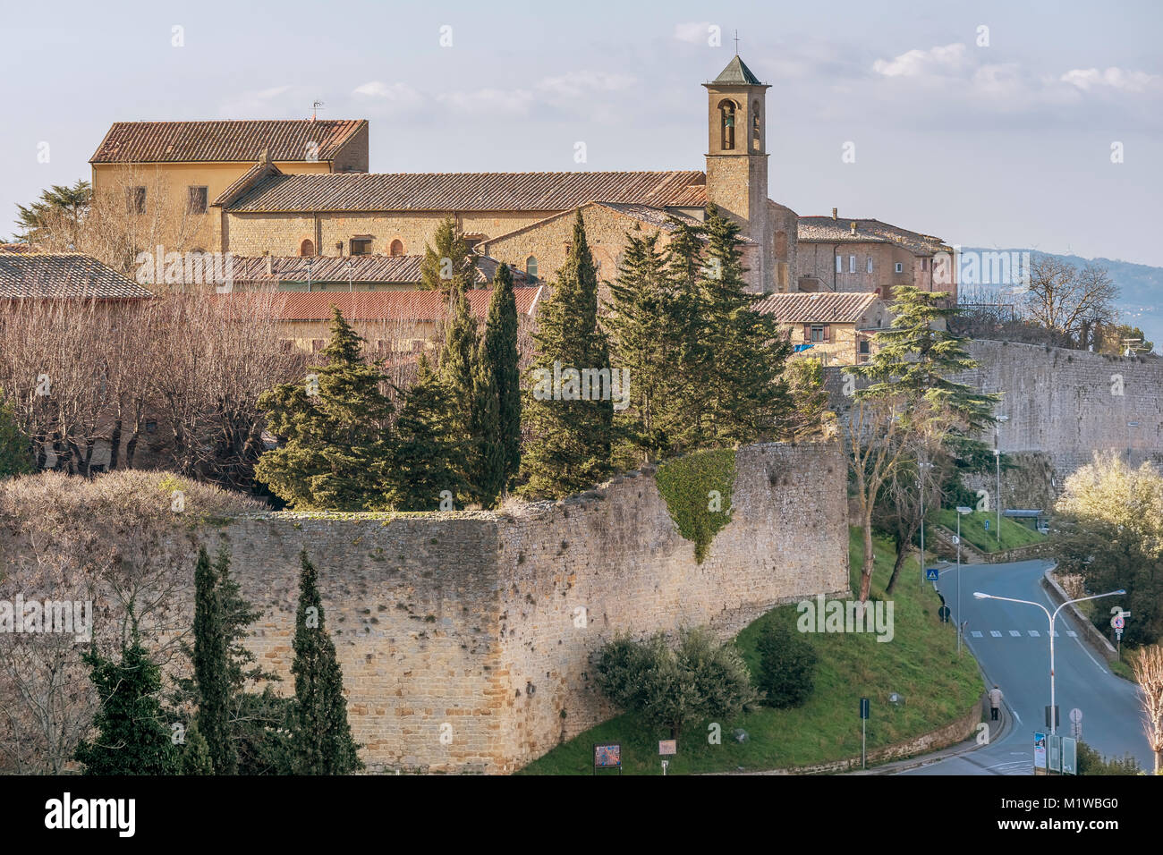 Aerial view of the walls of Volterra and San Francesco Church, Pisa ...