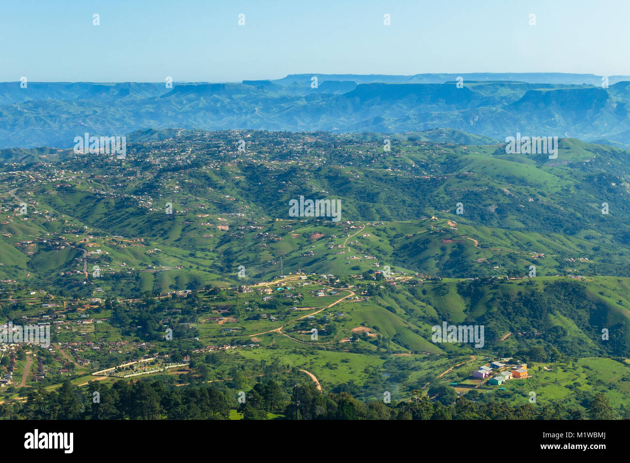 Flying birds-eye view rural South-Africa Inanda Inchanga valleys ...