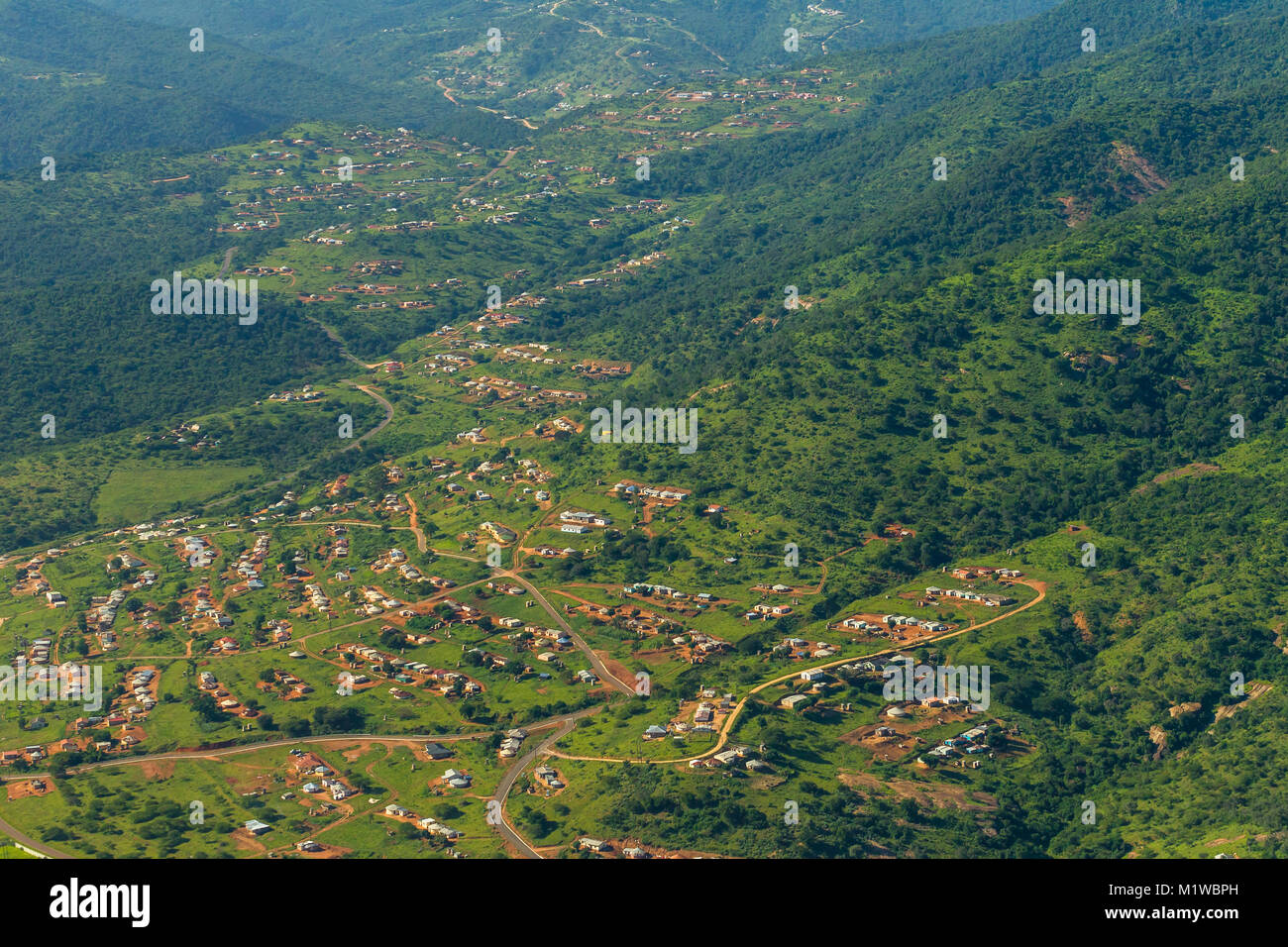 Flying birds-eye view rural South-Africa Inanda Inchanga valleys ...