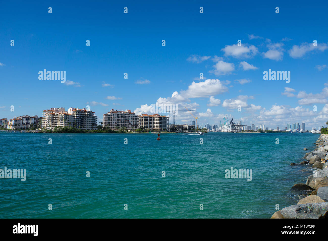 USA, Florida, Miami beach port entrance with skyline and houses and ...