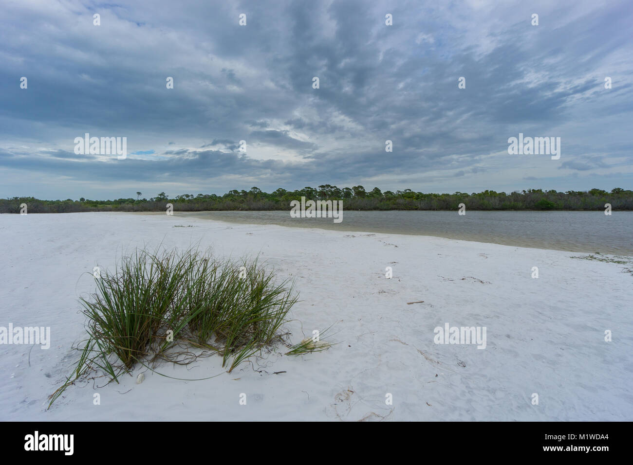 USA, Florida, Rain clouds and dramatic sky over white sand beach of ...