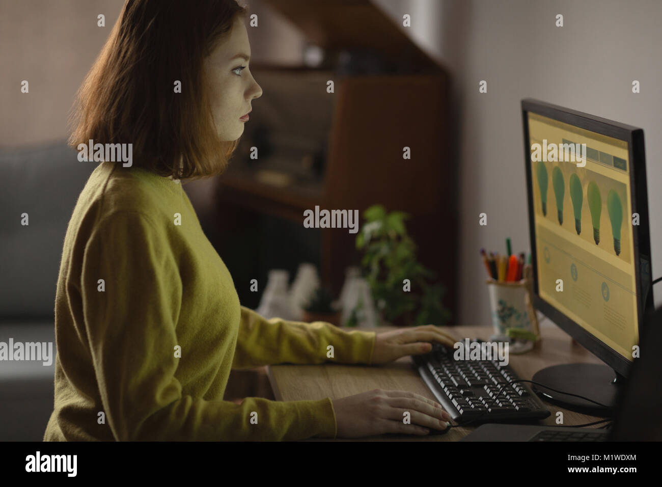 Woman using personal computer at home Stock Photo - Alamy