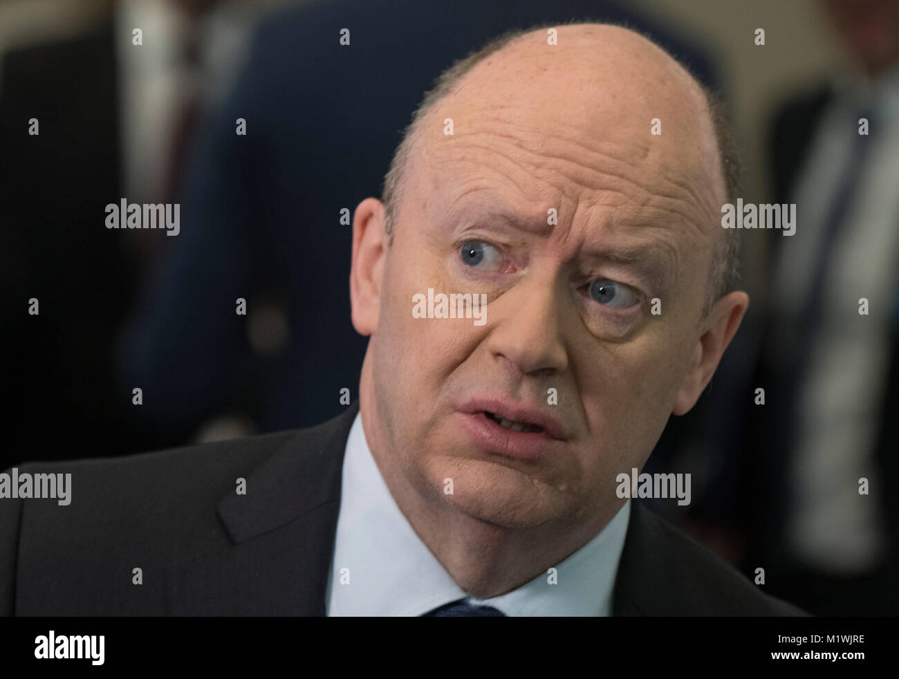 John Cryan, CEO of Deutsche Bank, gives a television interview after ...