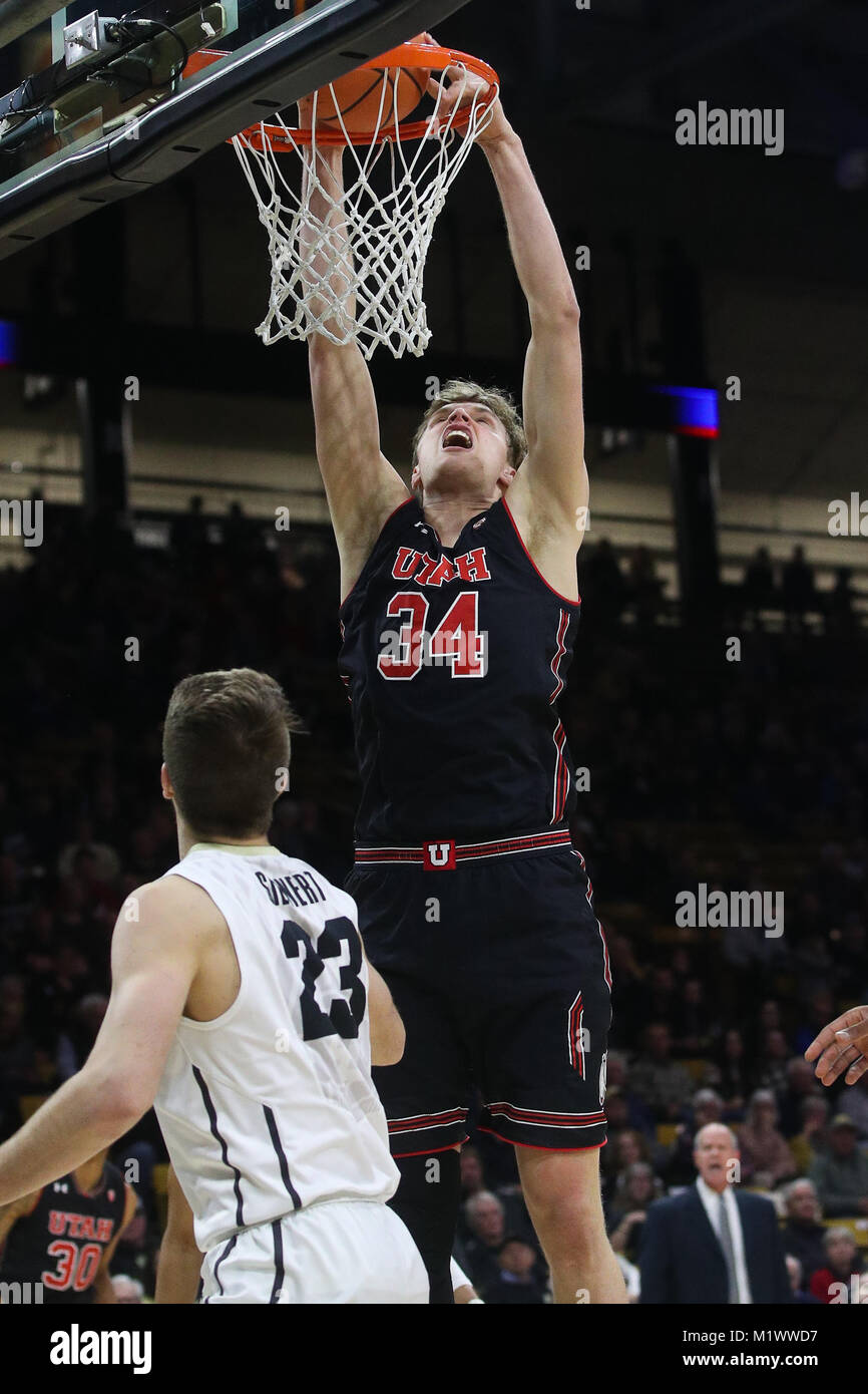 Boulder. 2nd Feb, 2018. Utah's Jayce Johnson dunks the ball in the ...