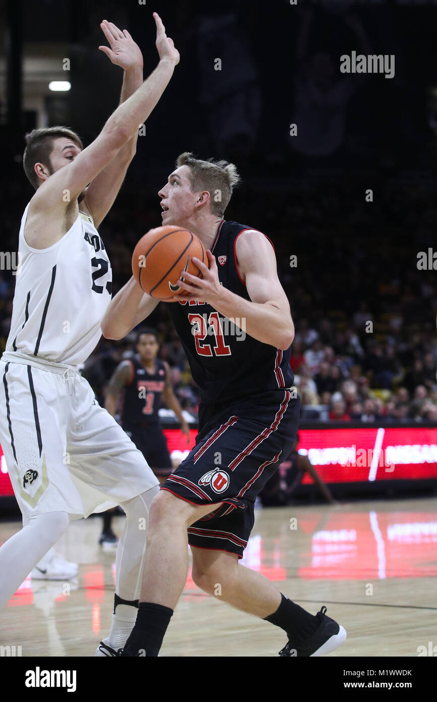 Boulder. 2nd Feb, 2018. Utah's Tyler Rawson drives the lane against ...