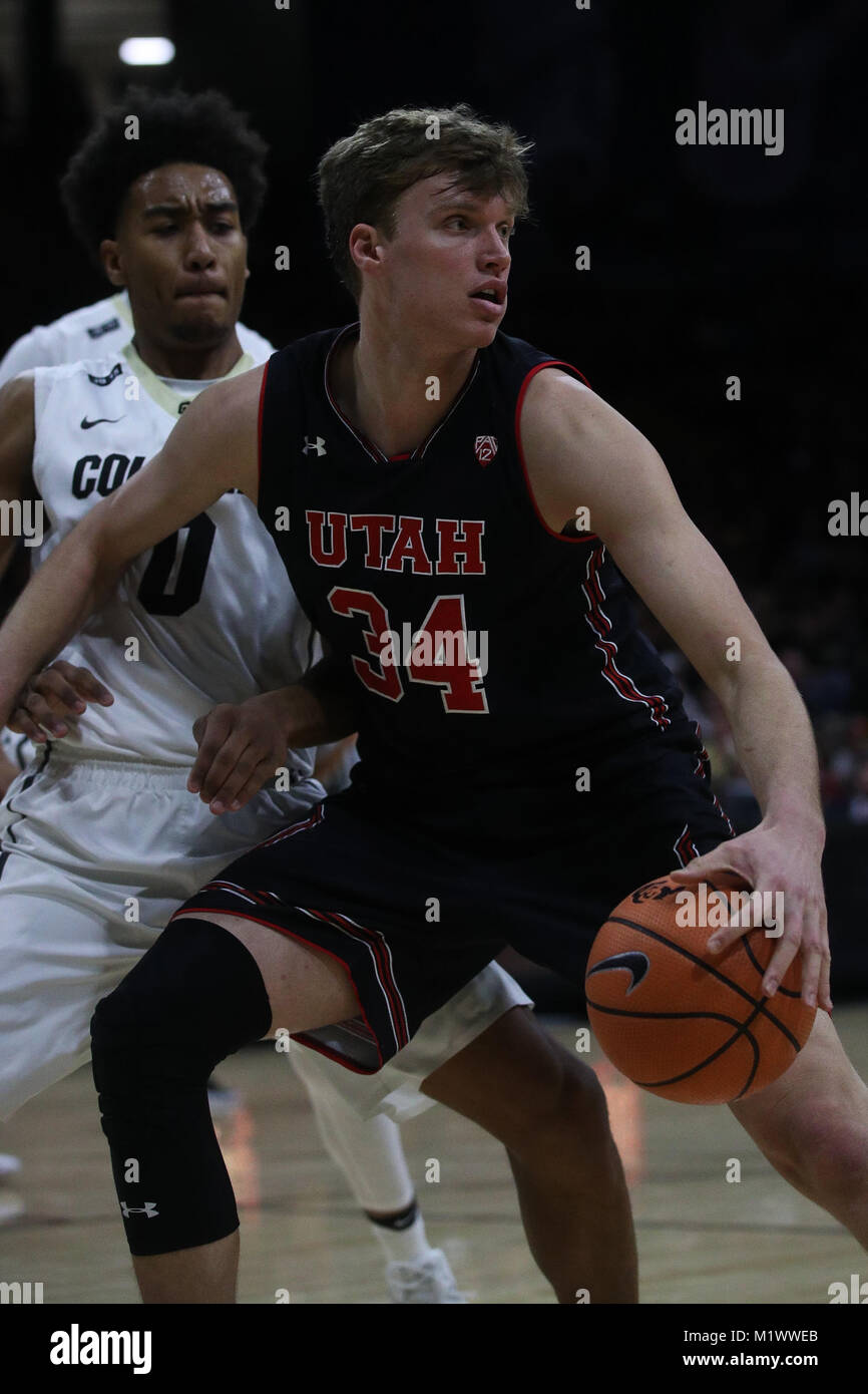 Boulder. 2nd Feb, 2018. Utah's Jayce Johnson tries to establish ...