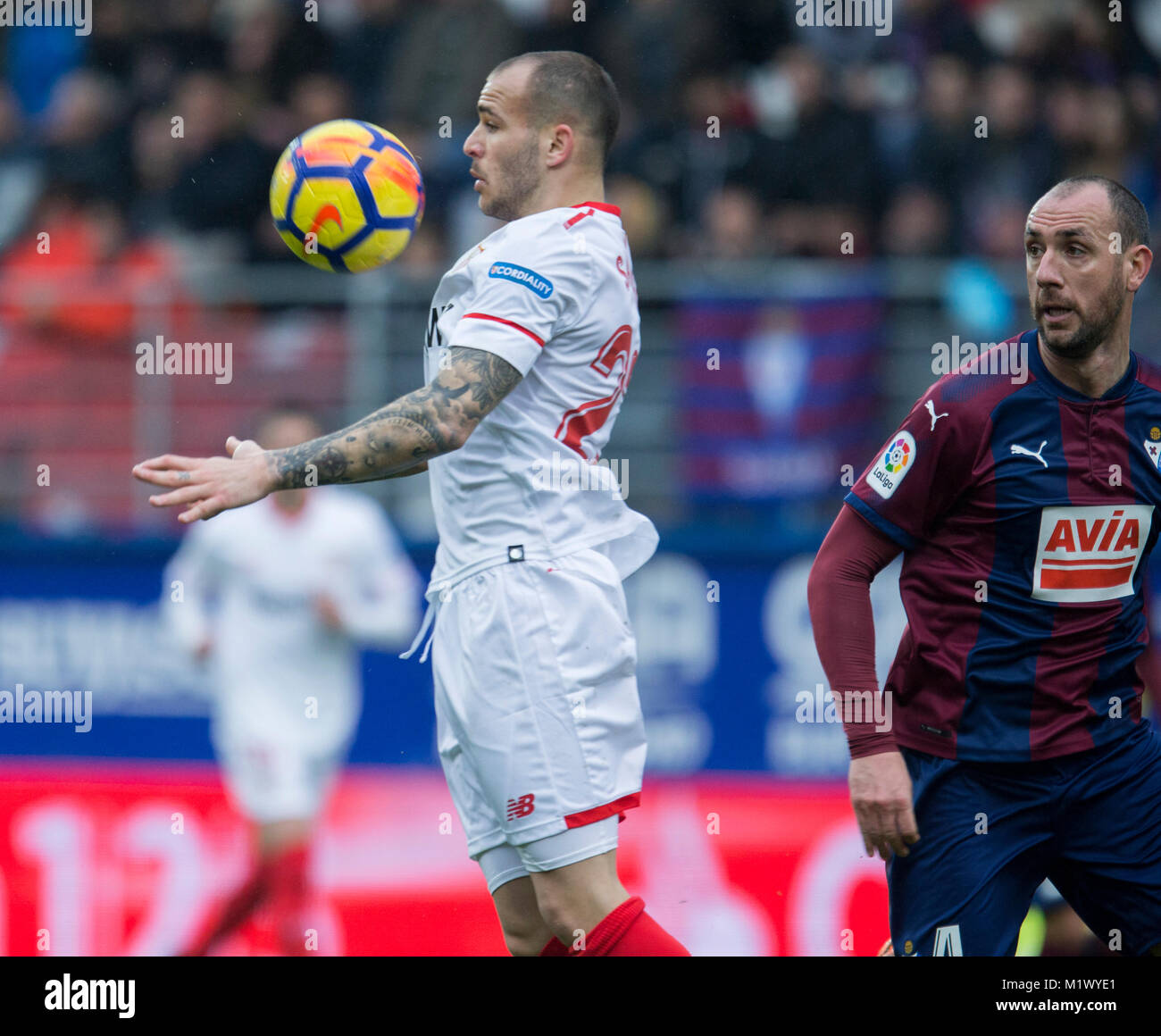 Eibar, Spain. 03rd Feb, 2018. (23) Sandro Ramirez, (4) Ivan Ramis ...
