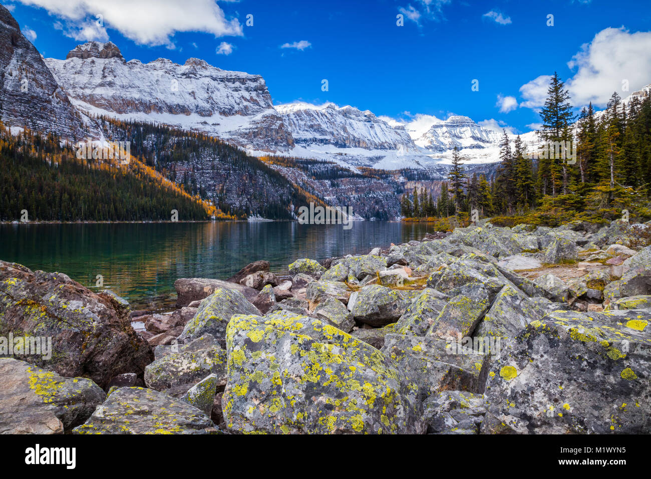 Boom Lake in Banff National Park, Alberta, Canada with a rocky ...