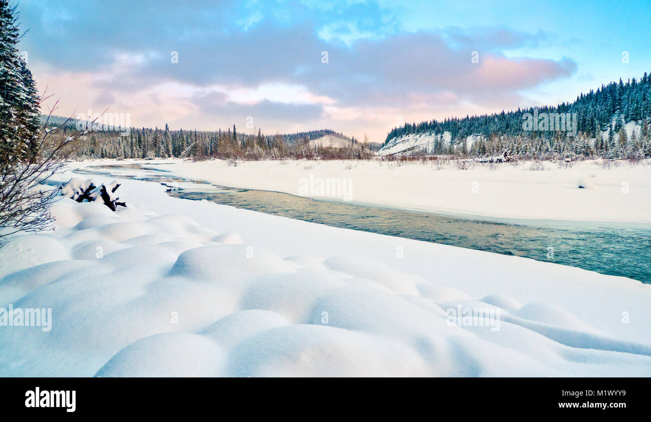 A river running through the forest in winter, Kananaskis, Alberta Stock ...