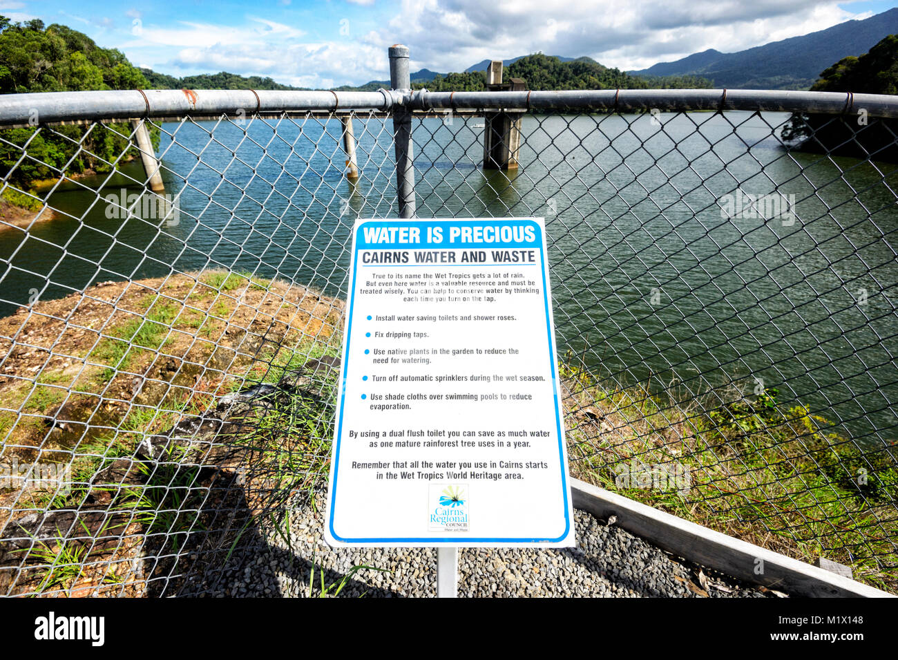 Warning sign 'Water is precious' at the Copperlode Dam Lake Morris ...