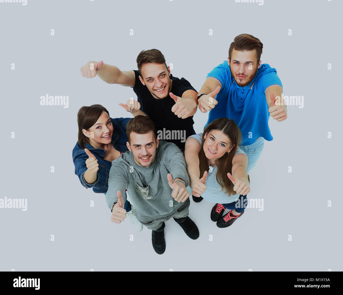 Happy joyful group of friends cheering isolated on white background ...