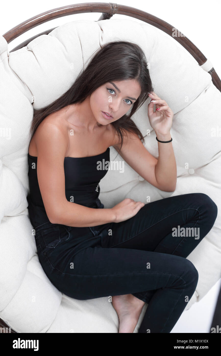 view from above. young woman sitting in a round comfortable chair Stock ...
