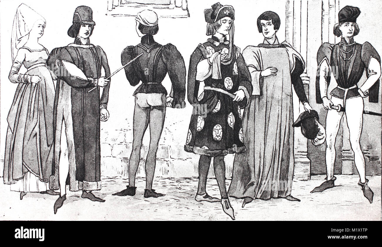 Clothes, fashion, costumes at court in France in the 14th century, from ...