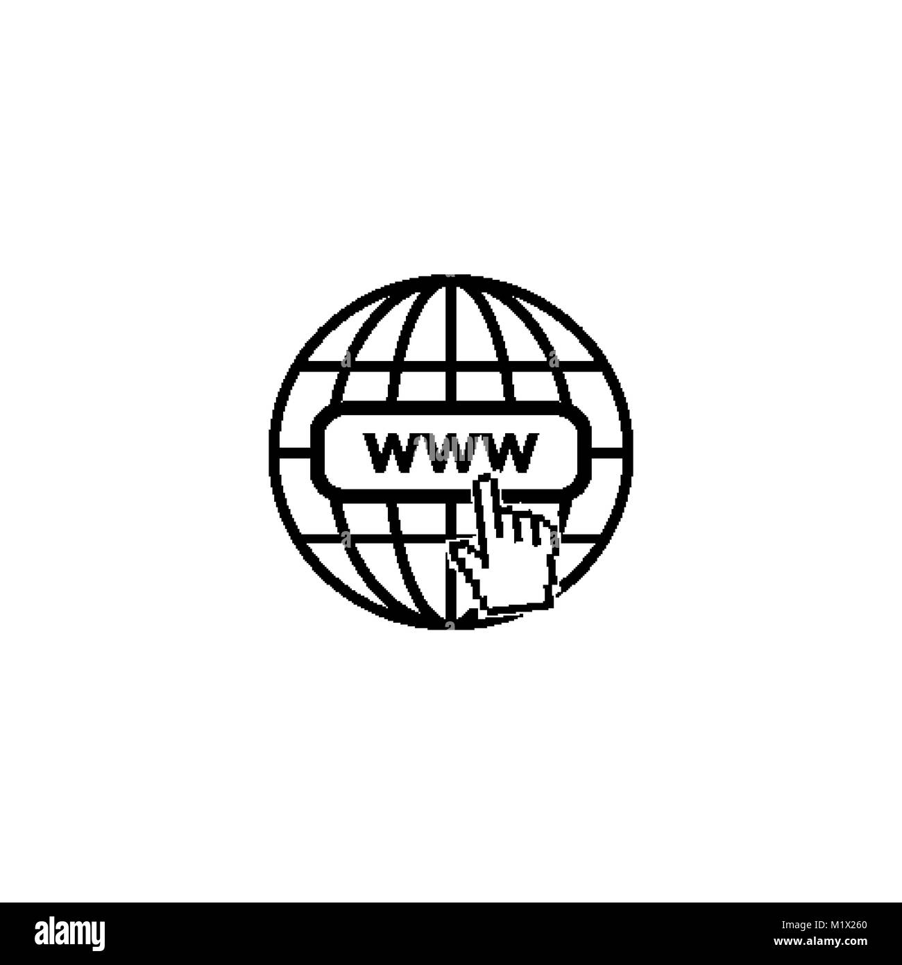 Internet icon. World net favicon with old pixelated hand mouse cursor ...