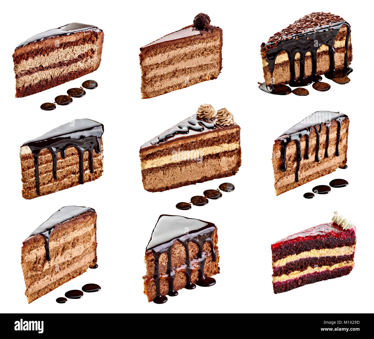 collection of various chocolate cake on white background. each one is ...