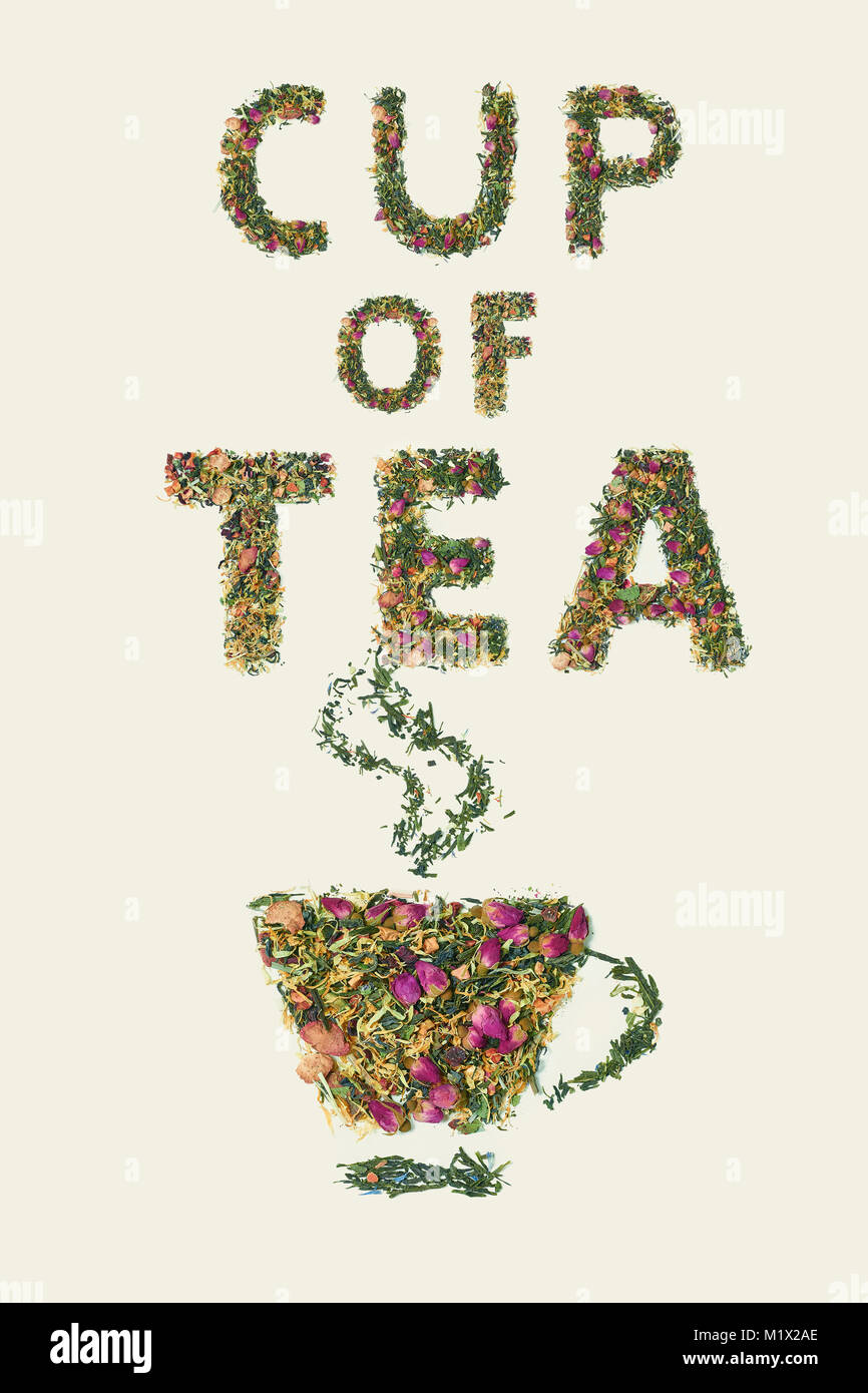 Tea leaf with flowers and fruit word cup of tea on white background ...