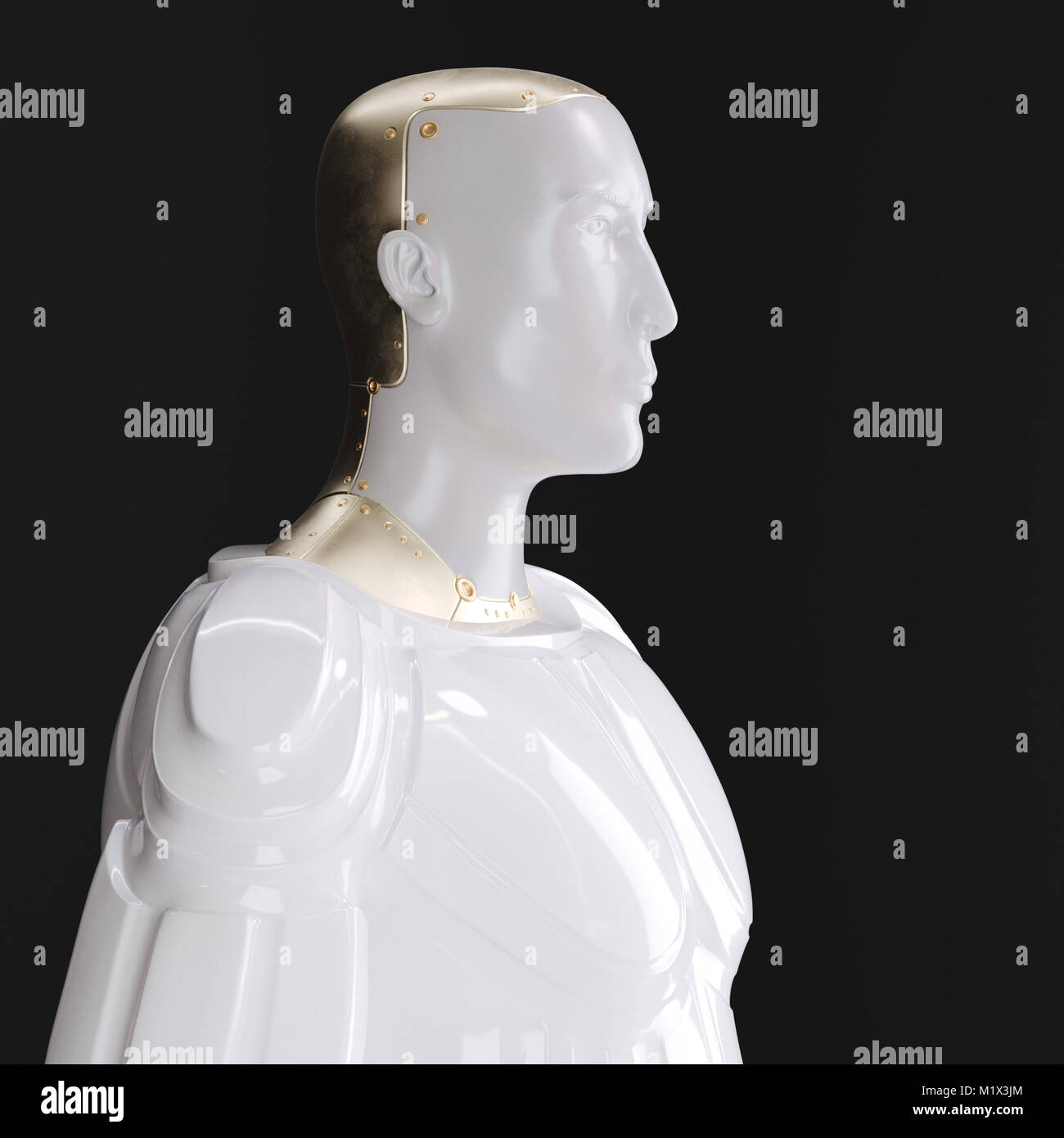 3D rendering Stylish handsome cyborg head in profile. Isolated on black ...