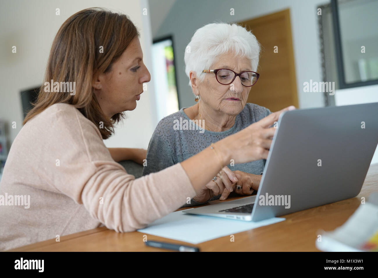 Elderly woman using laptop with help of homecarer Stock Photo - Alamy