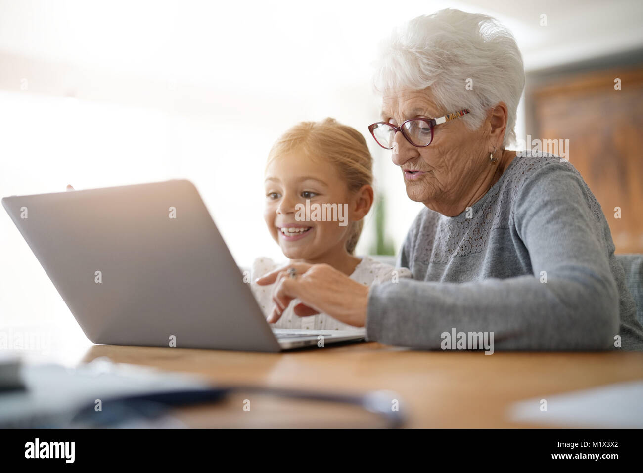 Little girl with grandmother using laptop computer Stock Photo - Alamy