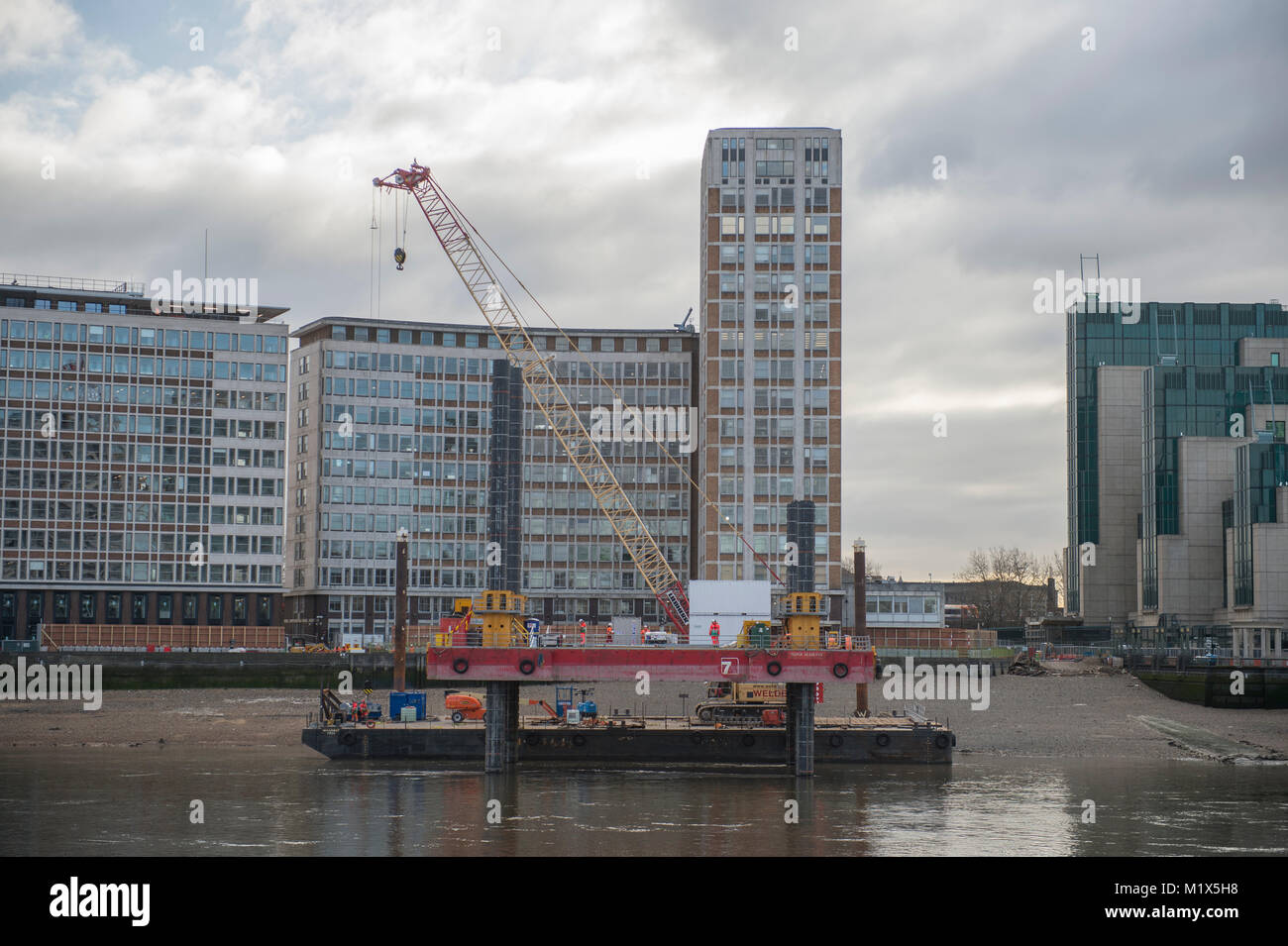 Barge on the River Thames at Vauxhall constructing the Thames Tideway ...