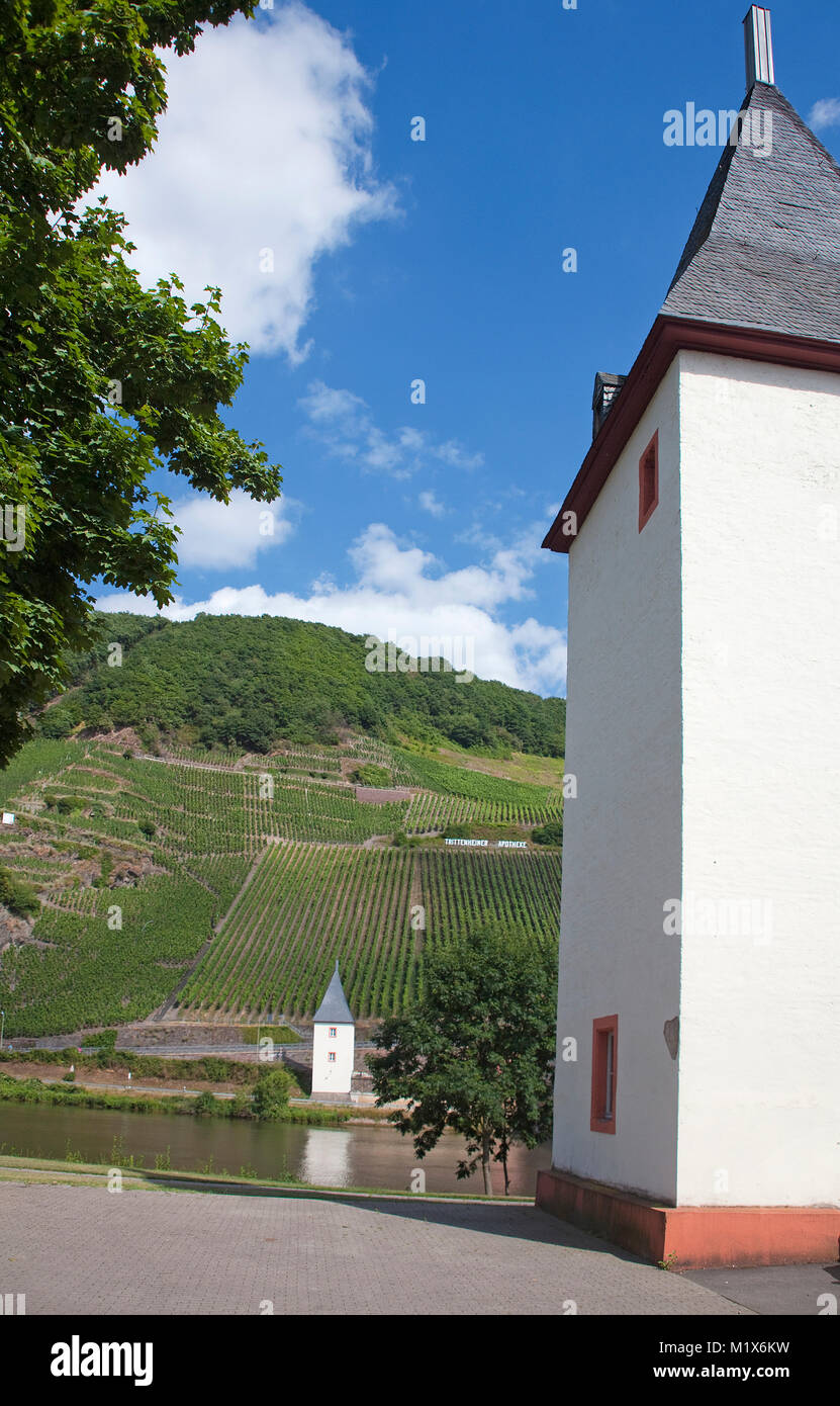 Old ferry towers at riverside of wine village Trittenheim, Moselle ...