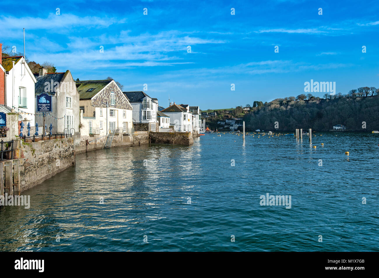 Fowey village and estuary in Cornwall on a bright and sunny February ...
