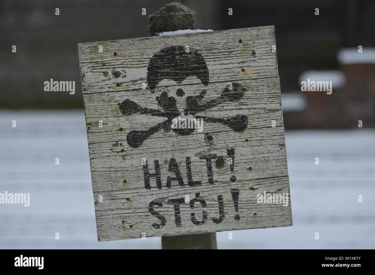 Halt! warning sign near barbed wire fences and barriers inside ...