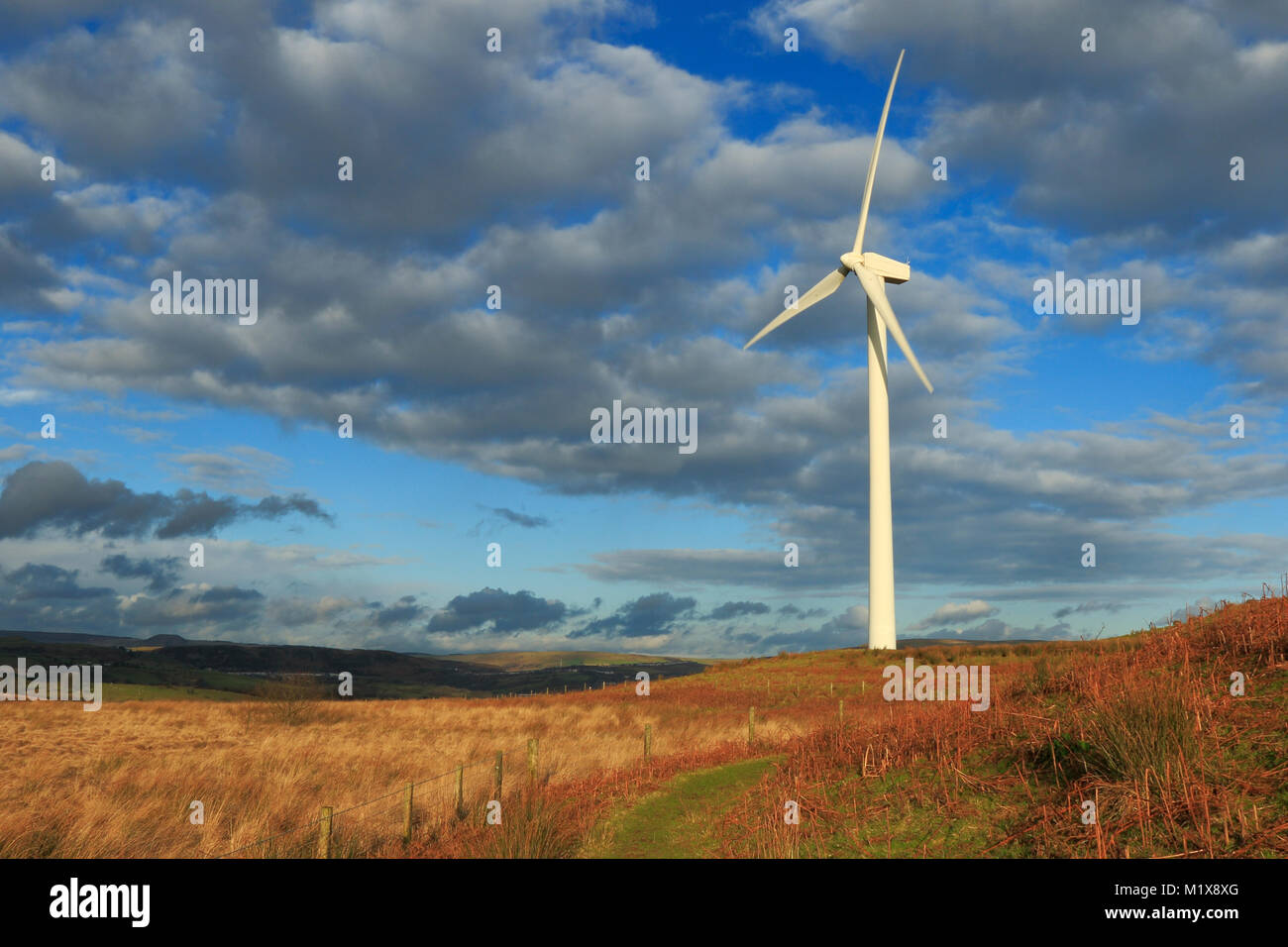 Wind Turbine at "Mynydd Portref" wind farm near Bridgend South Wales UK ...
