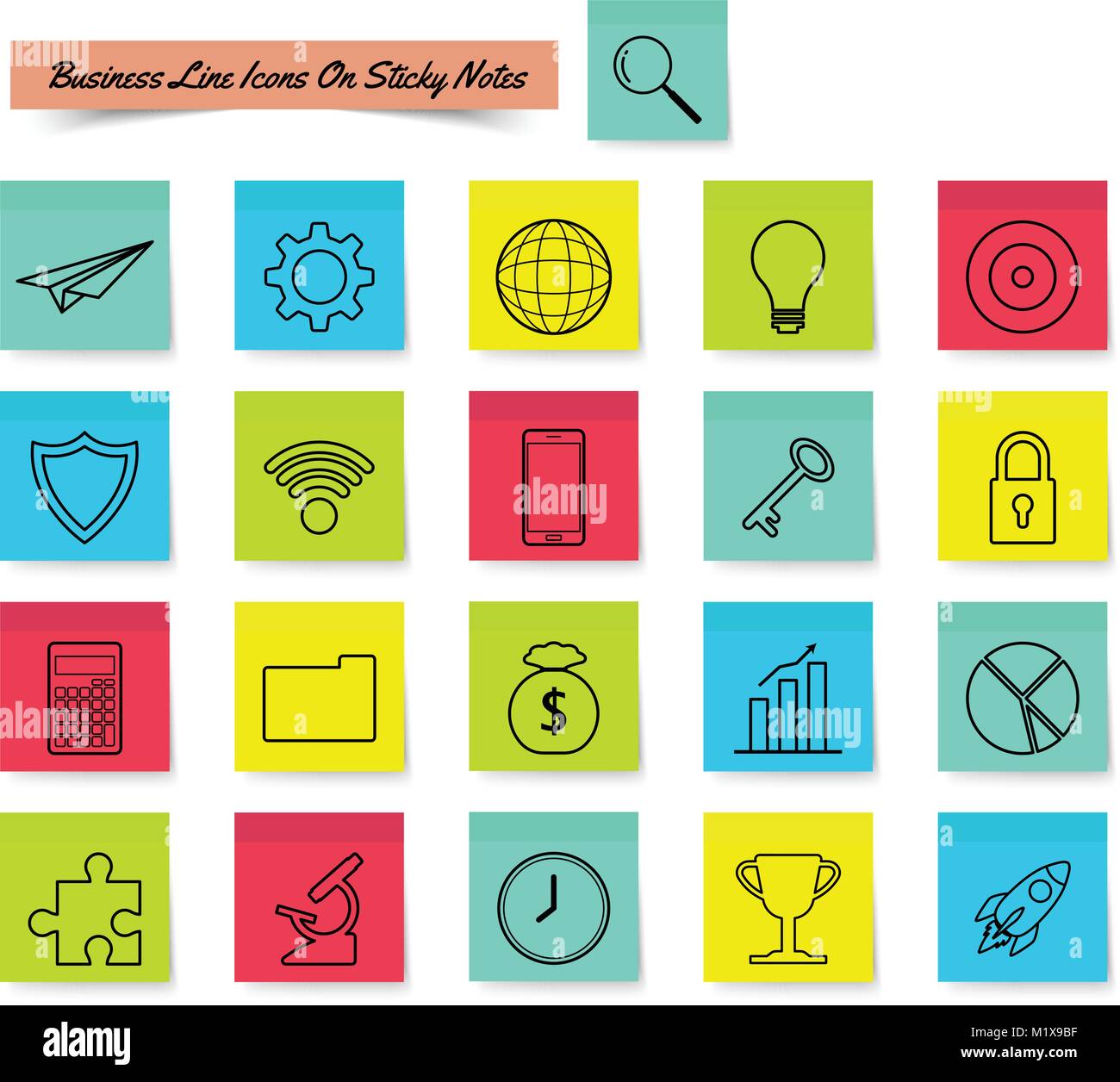 Vector Illustration Ready-To-Use 21 Business Line Icons On Sticky Notes ...