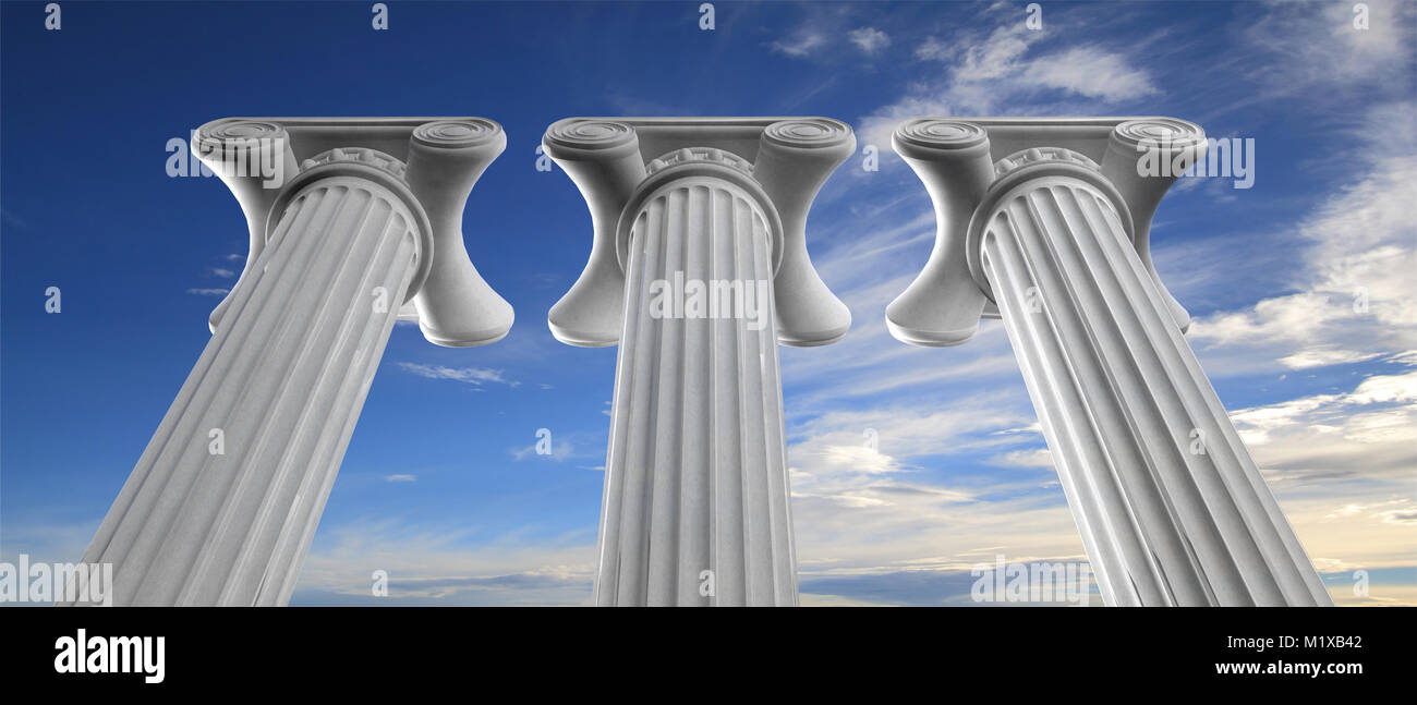 Three marble pillars of sustainability on blue sky background, details ...
