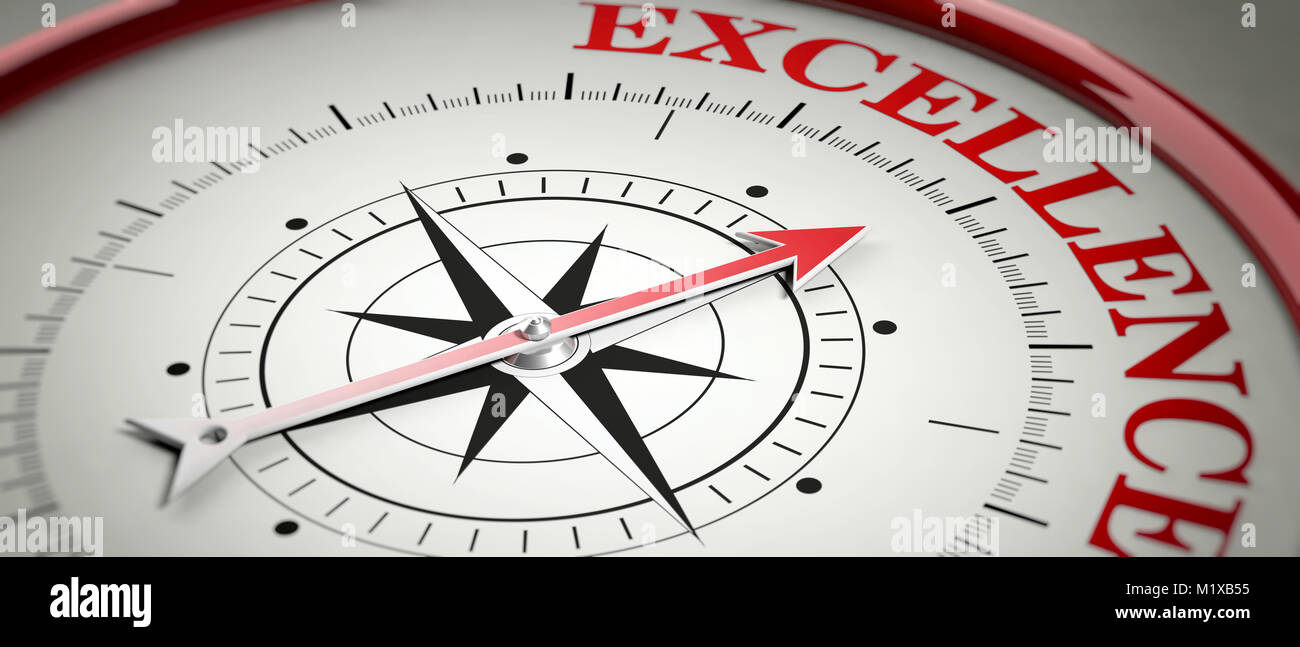 Excellence concept. Compass red arrow pointing at red letters word ...