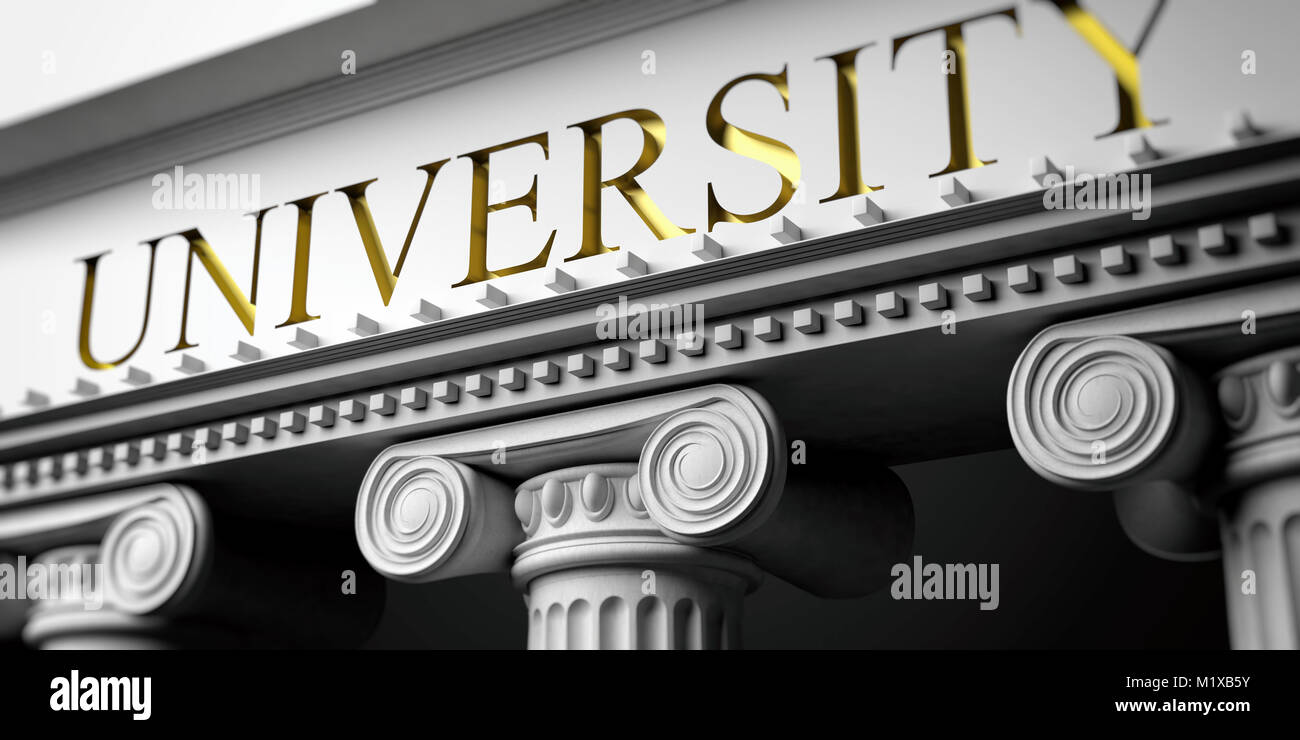 University written on a marble pillars building facade, close up view ...