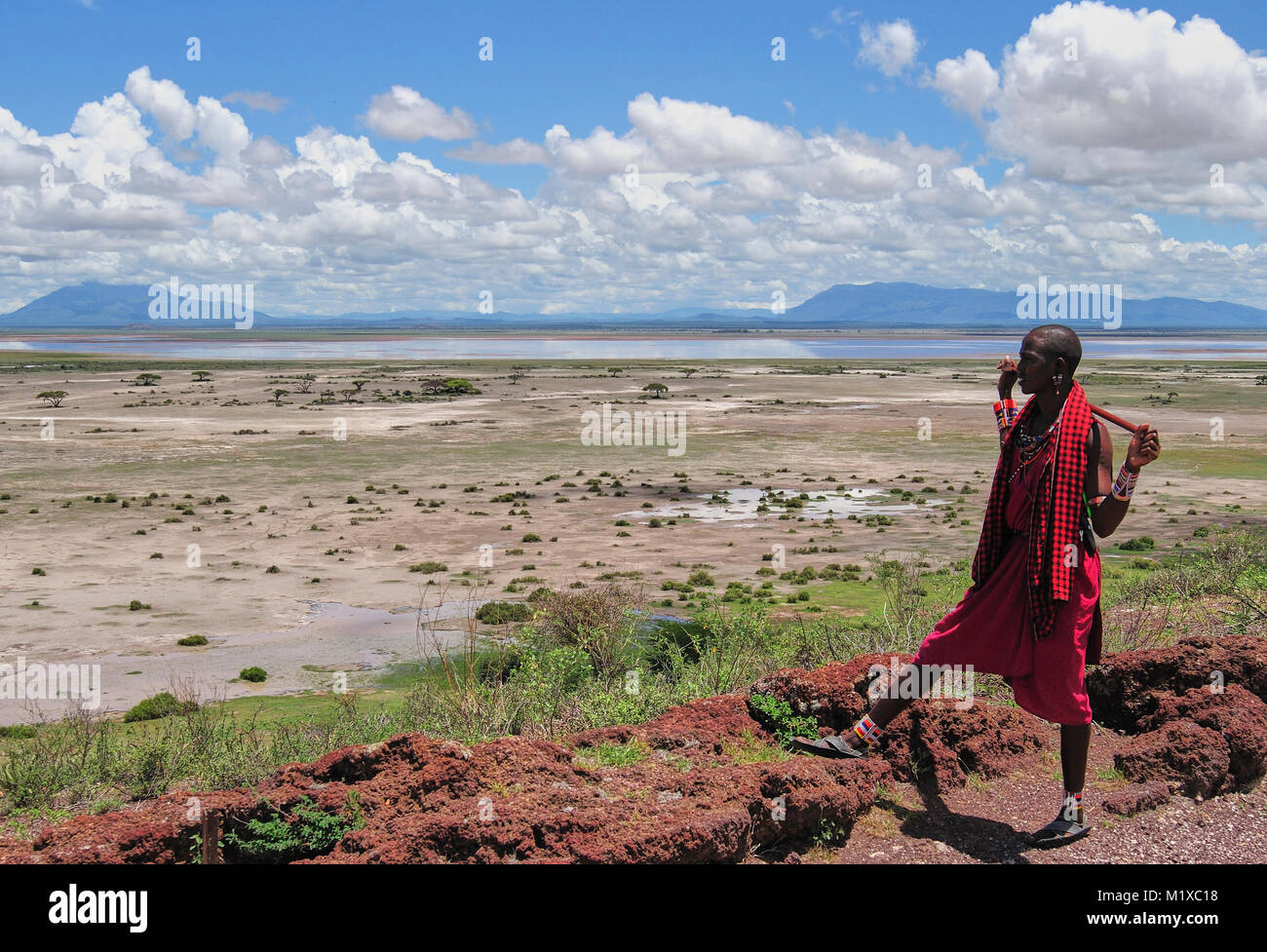 Young Maasai Warrior (Moran) wearing traditional clothing. Amboseli ...