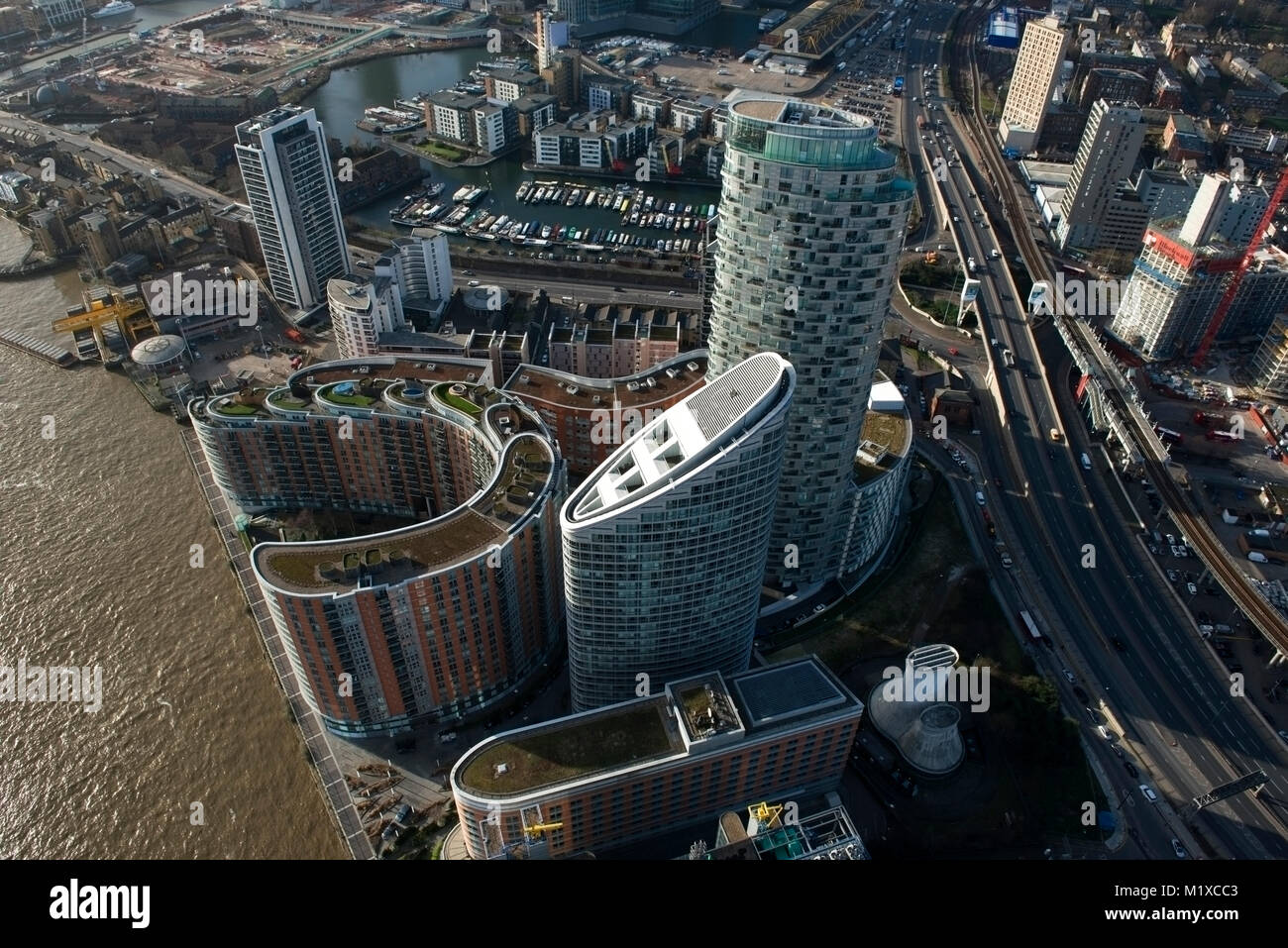 Aerial view of high rise apartment blocks near the Canary Wharf ...