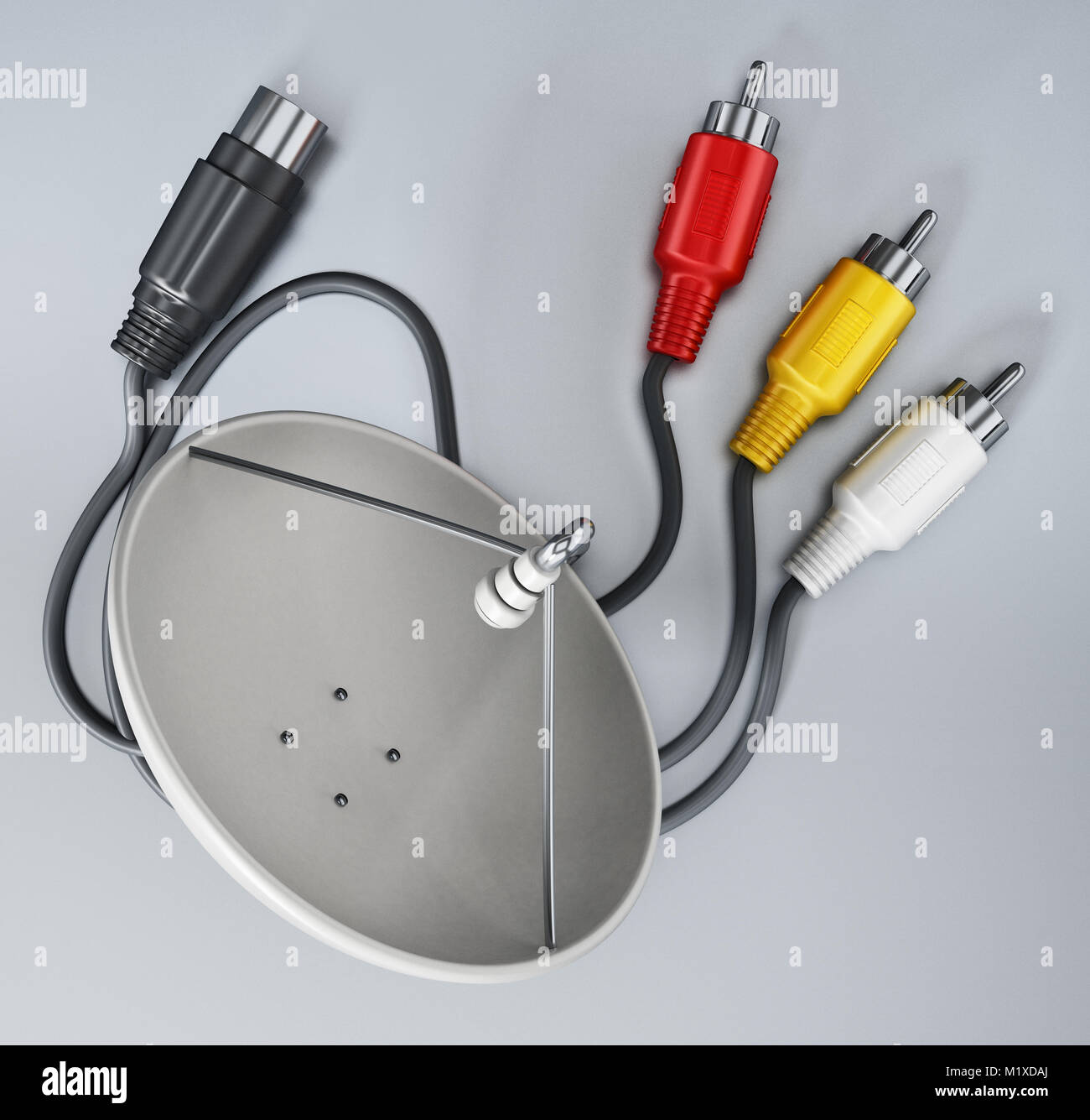 Satellite dish and S-video cables isolated on white background. 3D ...