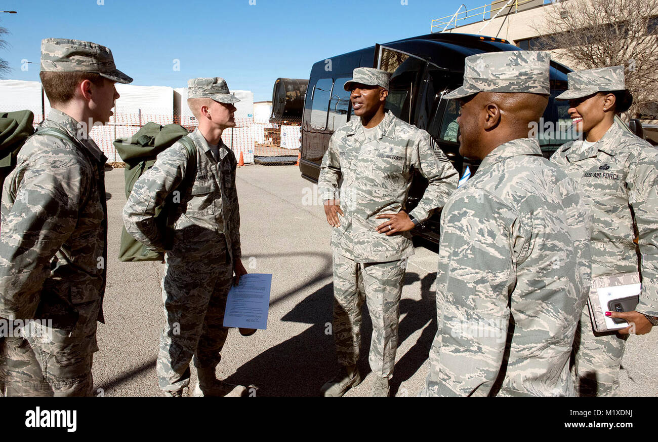 Chief Master Sgt. of the Air Force Kaleth O. Wright, center, chats with ...