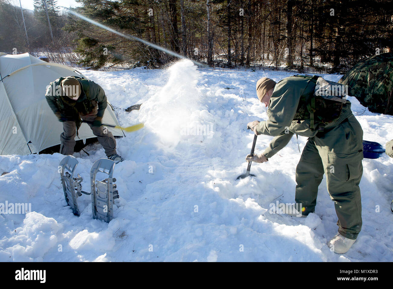 U.S. Marines with Marine Heavy Helicopter Squadron 464 shovels the snow ...