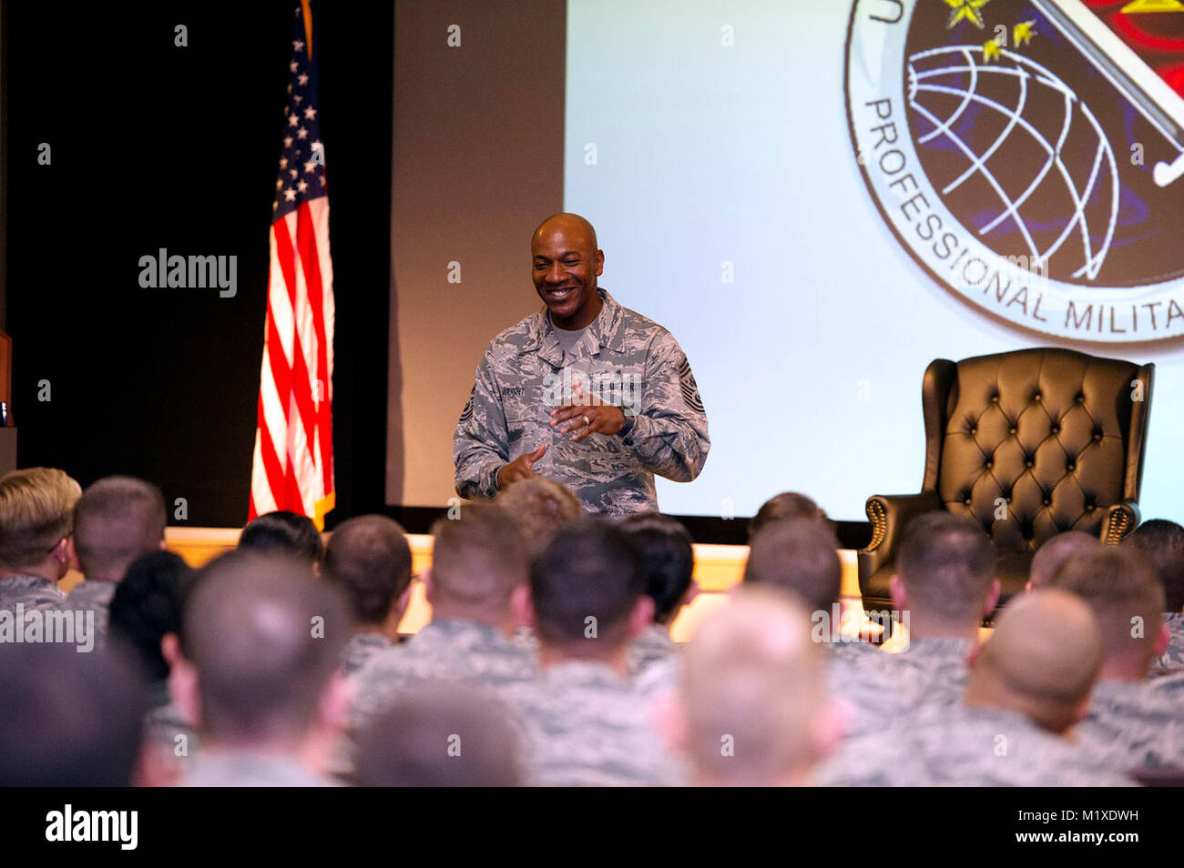 Chief Master Sgt. of the Air Force Kaleth O. Wright speaks to enlisted Airmen attending the NCO ...