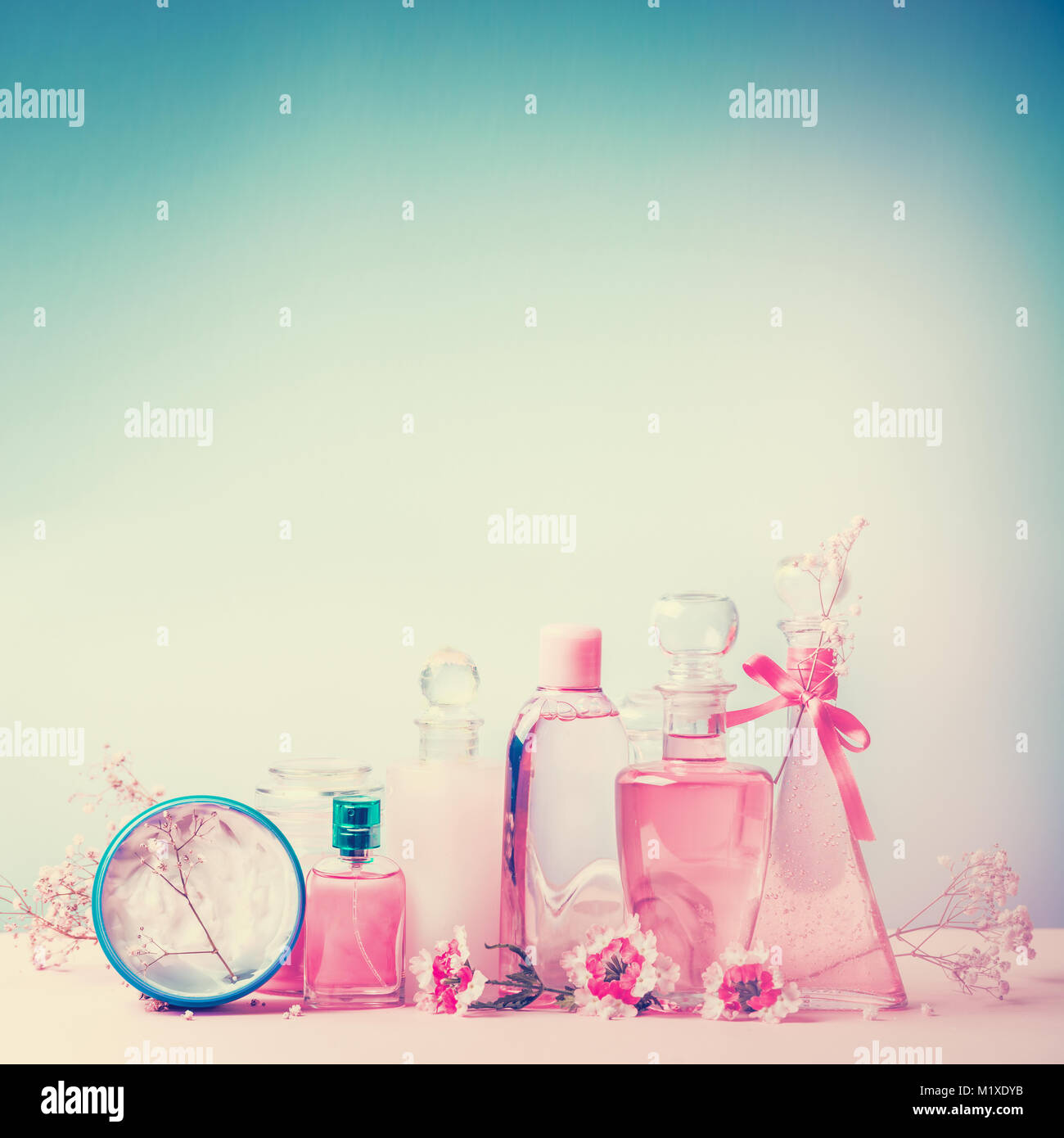 Collection of various beauty bottles and container with cosmetic ...