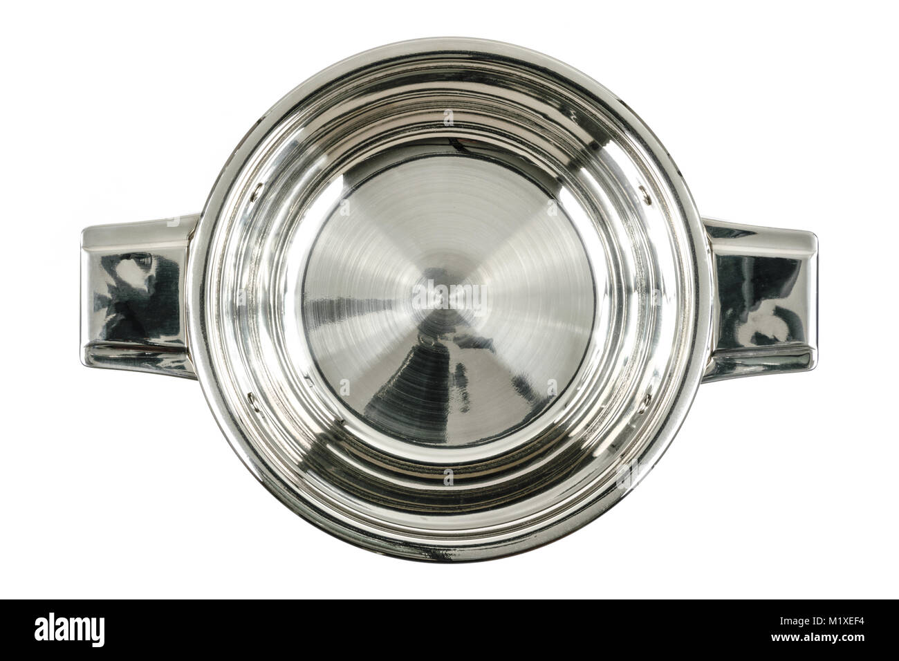 Top view of a professional stainless steel metal cooking pot isolated ...
