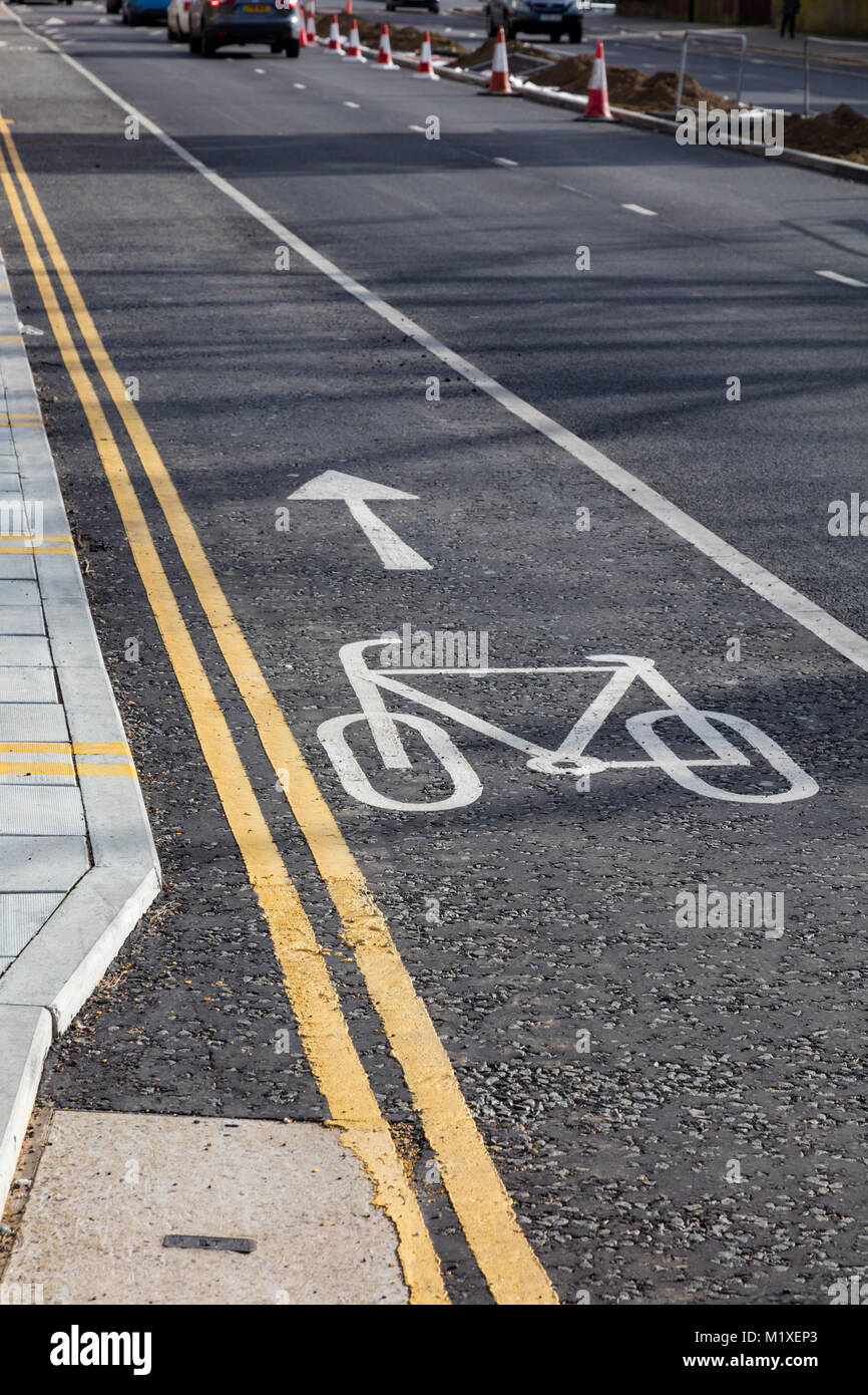 Newly painted cycle route signs on the new road layouts in Bexleyheath ...