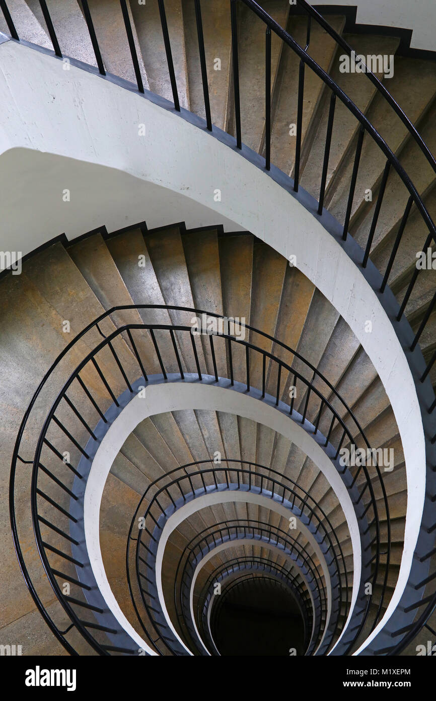 Spiral staircase with curve shape diminishing perspective, high angle ...