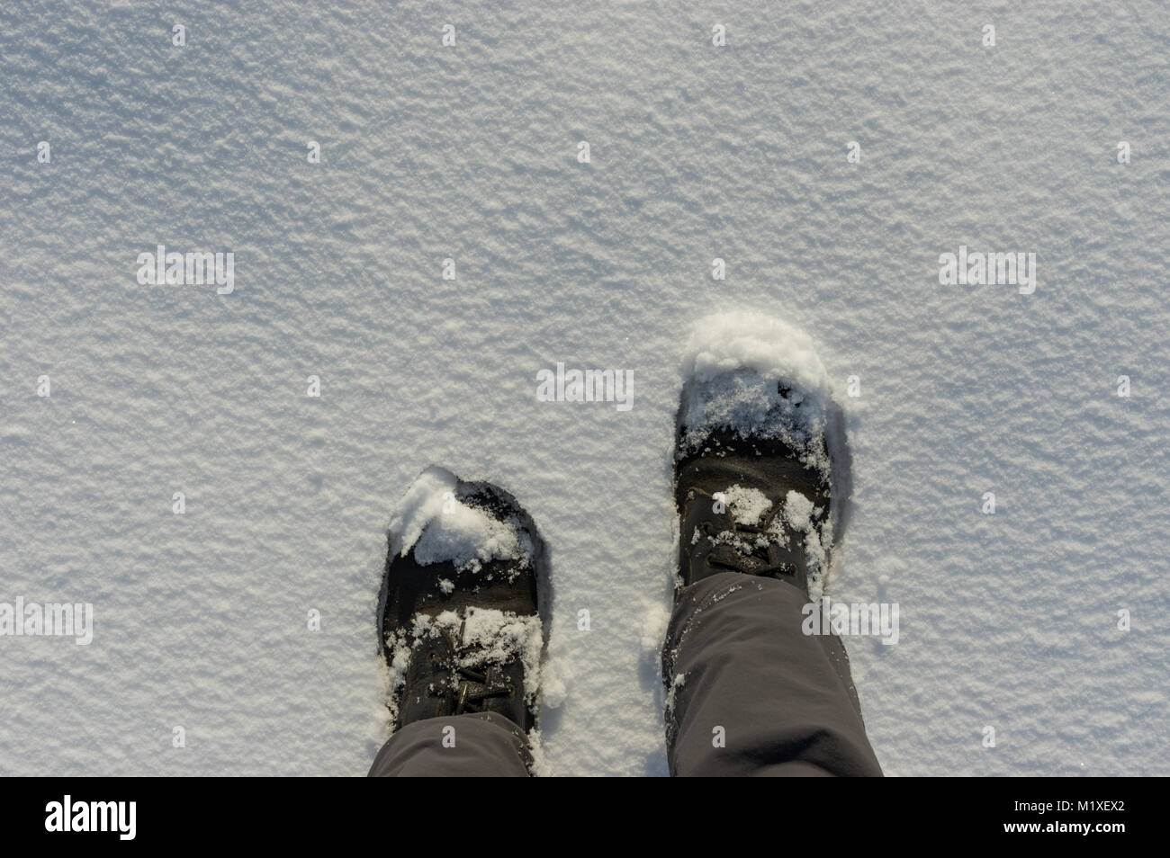 Winter scenery with human legs wearing boots and standing on the deep ...