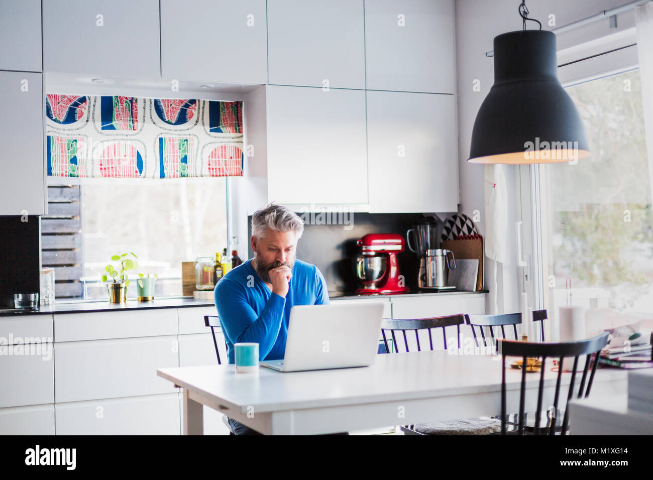Man with laptop in kitchen Stock Photo - Alamy