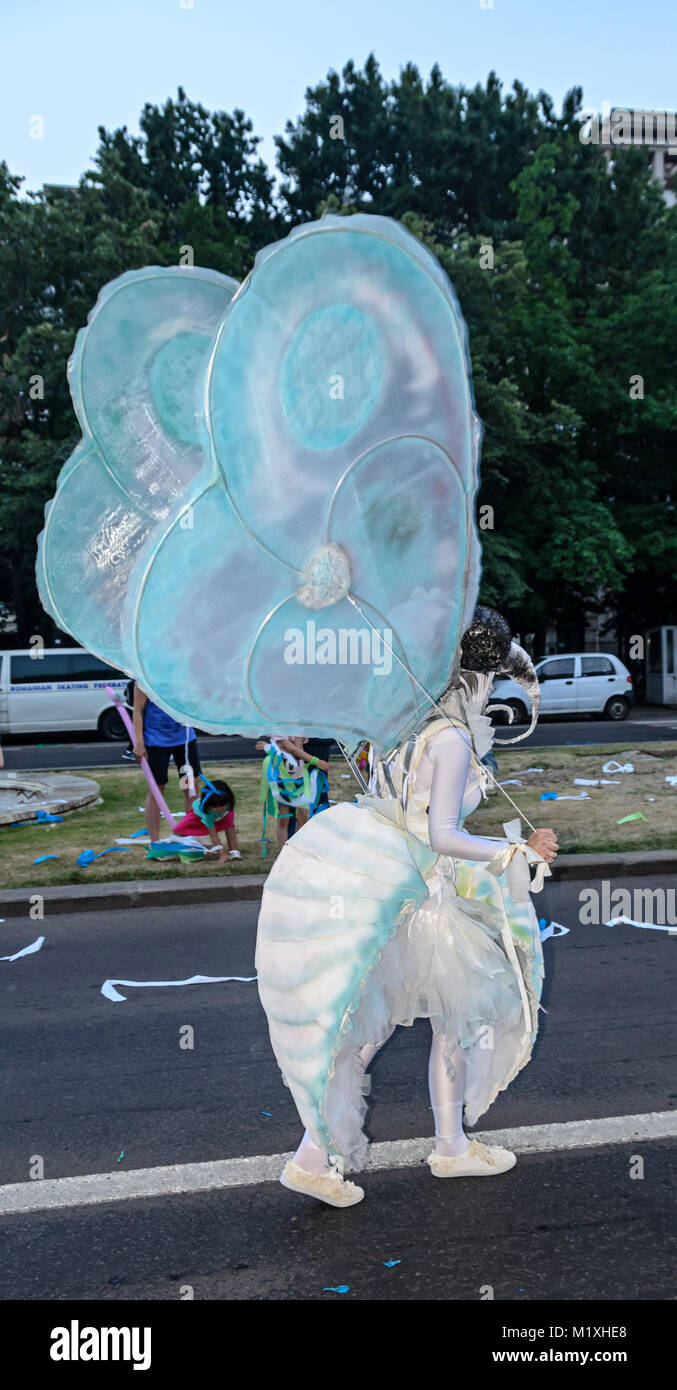 BUCHAREST, ROMANIA - AUGUST 1, 2017: City outdoor parade, carnaval with ...