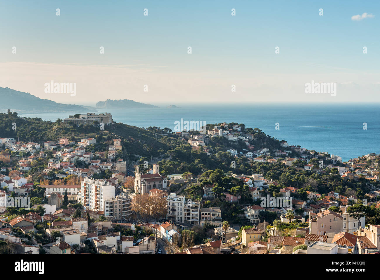 Aerial panoramic view of Marseille from basilica of Notre Dame de la ...