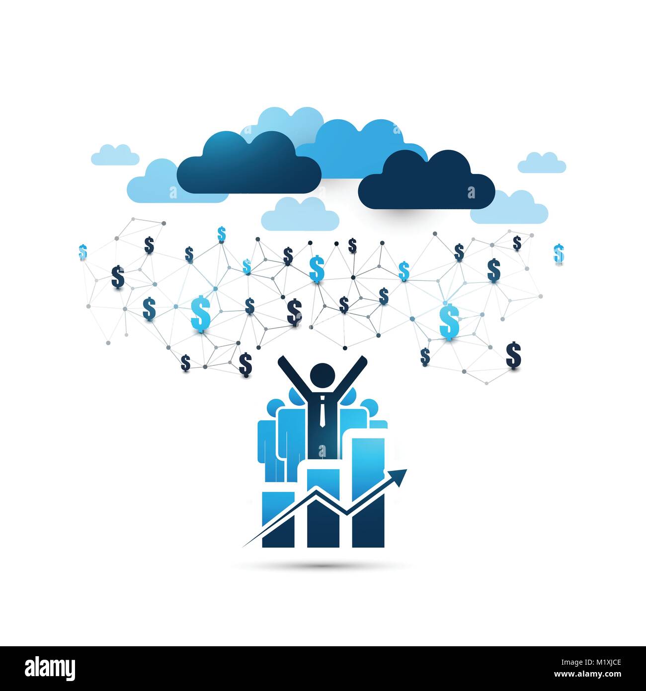 Blue Cloud Computing Design Concept with Standing Businessmen and Icons - Digital Network ...